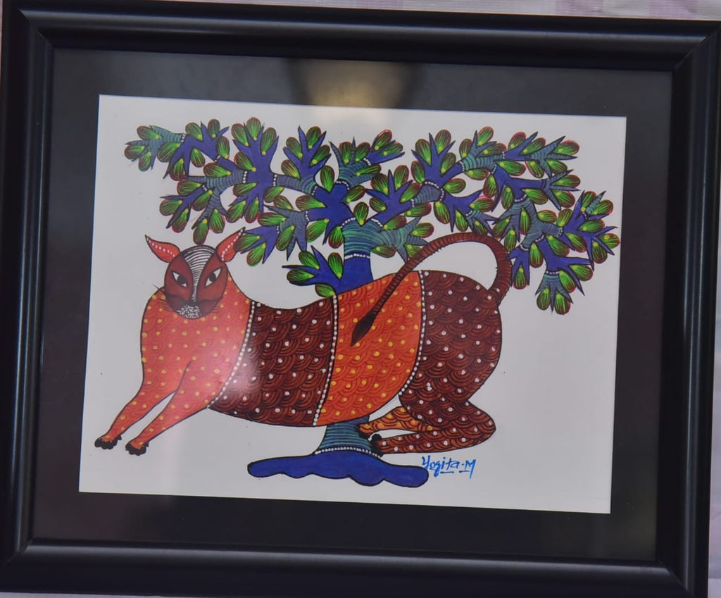SHILPI SAKHI, Tribal Wall Art, Sacred Cow and Tree Design, Decor, Loca
